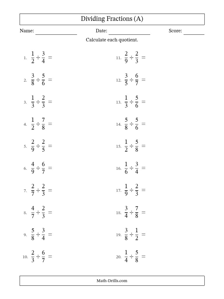 Dividing Fractions Practice Worksheet | PDF | Arithmetic | Mathematics