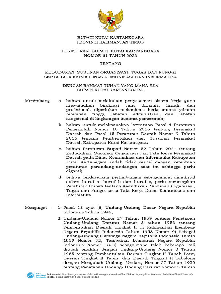 Perbup Kutai Kartanegara Nomor 61 Tahun 2023 SOTK Dinas Komunikasi Dan ...