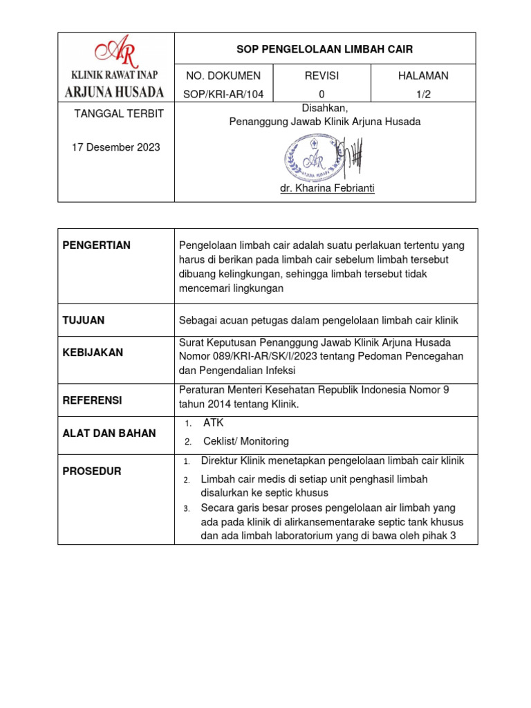 Sop Pengelolaan Limbah Cair | PDF