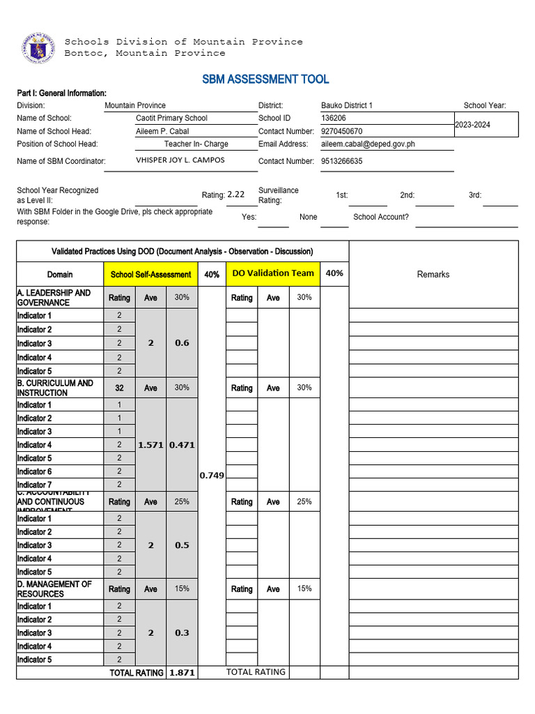 SBM Self-Assessment Tool 2024 | PDF