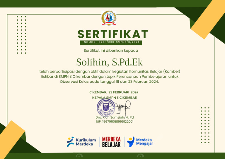 (Buat Banyak 1) Hijau Dan Krem Modern Penghargaan Partisipasi Sertifikat | PDF