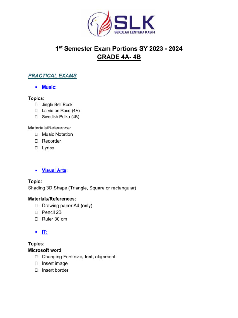 Grade 4A-4B -Exam Portions for 1st Semester SY 2023 - 2024 | PDF ...