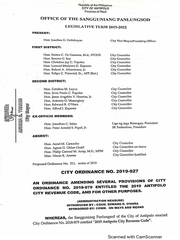 AMENDMENT OF THE REVENUE CODE 2019-927 - Antipolo | PDF