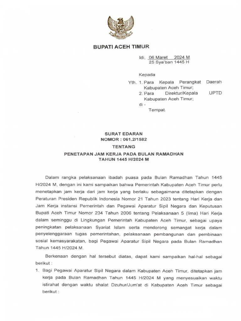 SE-Penetapan Jam Kerja Bulan Ramadhan 1445 H | PDF