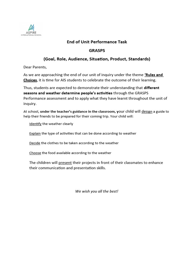 60 GRASPS Performance Task Letter To Parents | PDF | Career & Growth ...