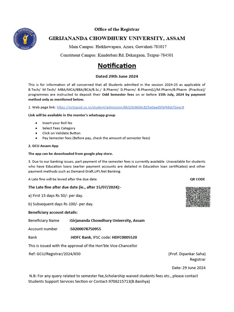 Semester Fee Notice for Students | PDF