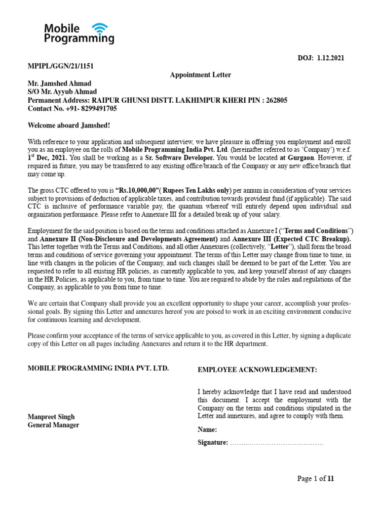 Employment Offer for Sr. Software Developer | PDF | Legal Remedy ...
