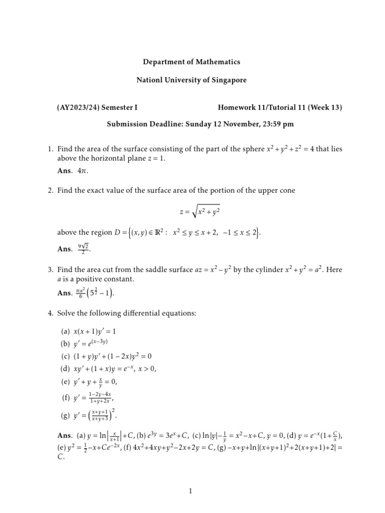 MA1521 Tutorial - Homework 11 | PDF | Mathematics | Mathematical Objects