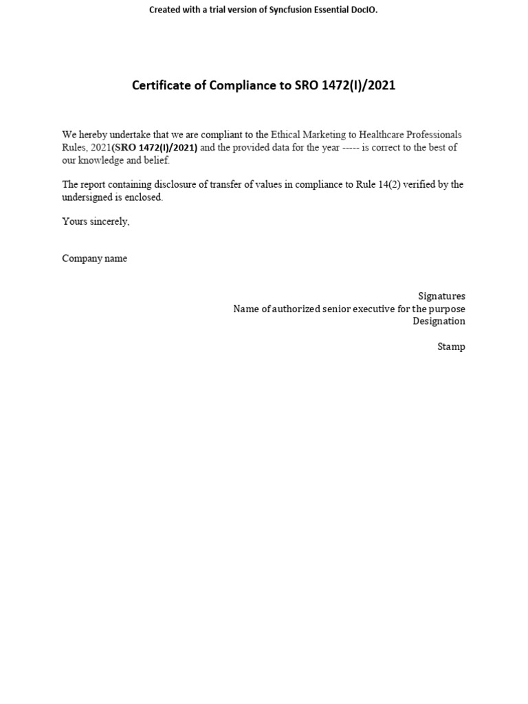 Certificate of Compliance To SRO 1472-1 | PDF