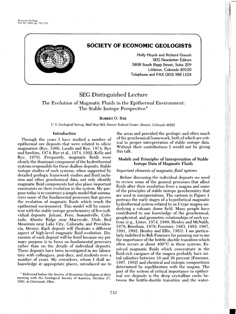 The Evolution of Magmatic Fluids in The Epithermal Environment Rye1993 ...