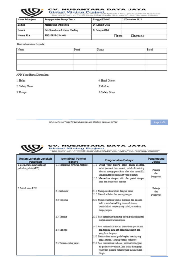 FRM-HSE-JSA 006 Pengoperasian Dump Truck | PDF