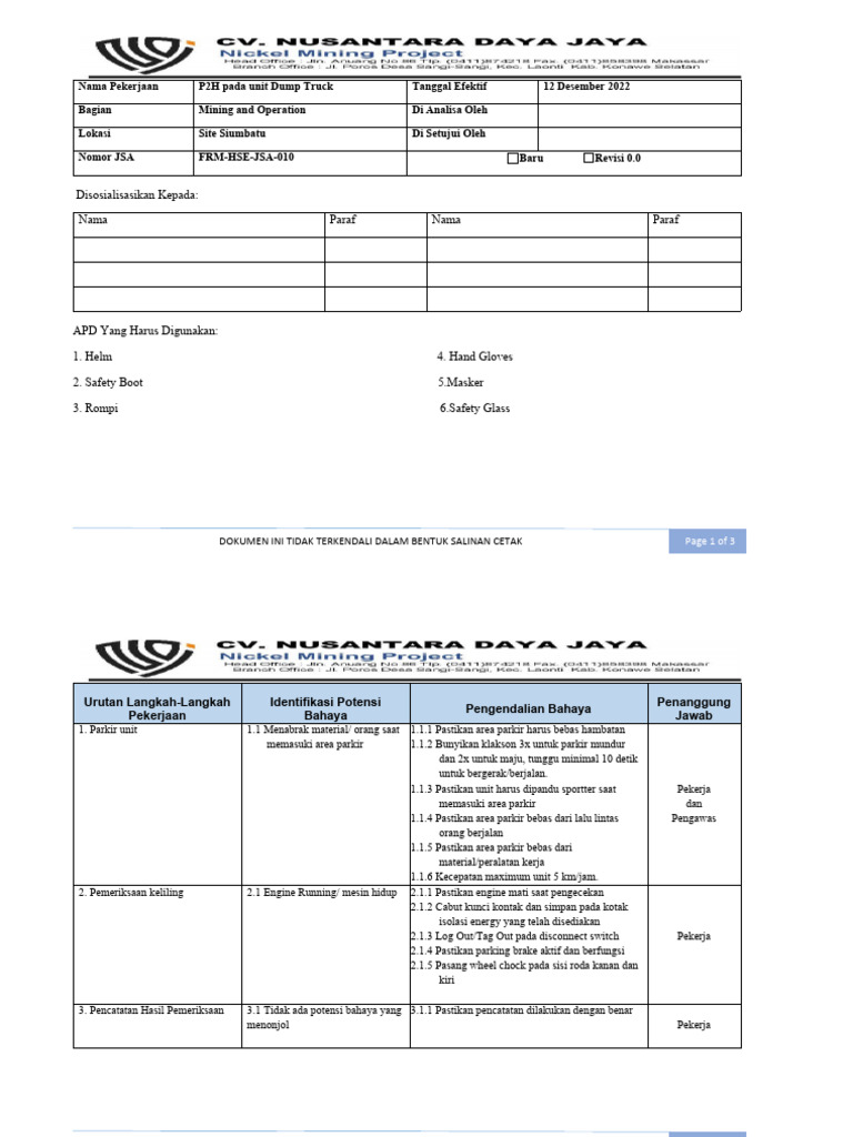 FRM-HSE-JSA 010 P2H Dump Truck | PDF