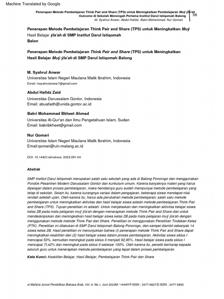 Implementation of Think Pair and Share (TPS) Learning Method To Improve Mu | PDF