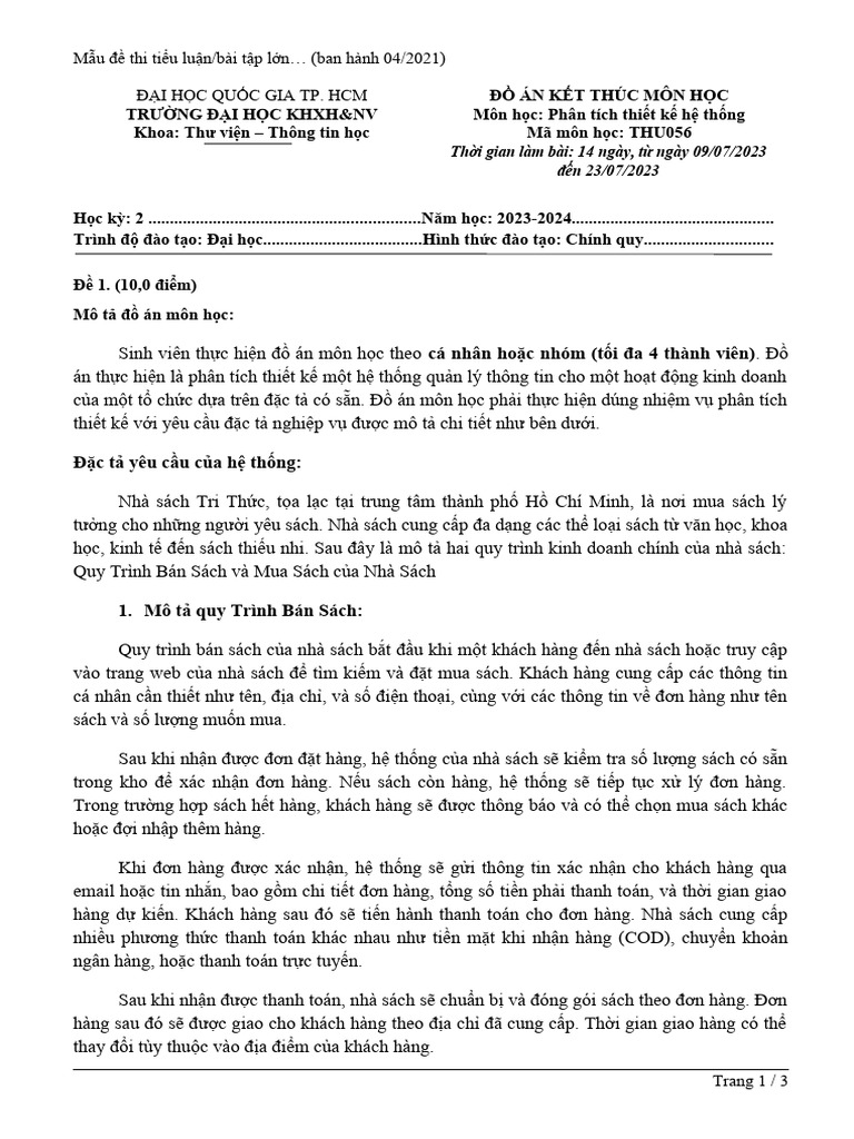 2023-2024 HK2 PTTKHT QLTT2022 DeThi | PDF