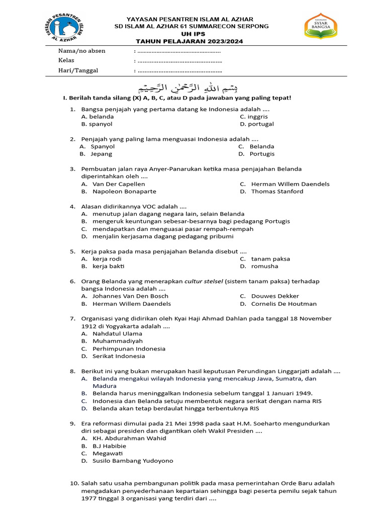 Uh Ips Tema 3 Sejarah Penjajahan Di Indonesia | PDF | Politik