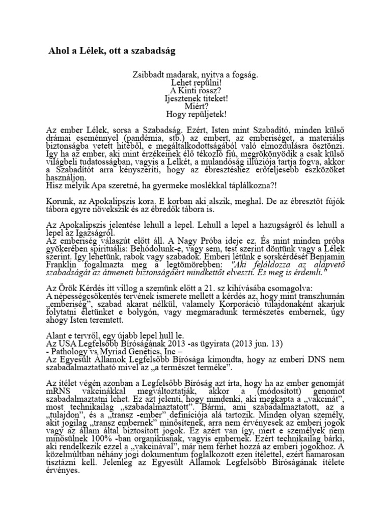 Ahol A Lélek Ott A Szabadság | PDF