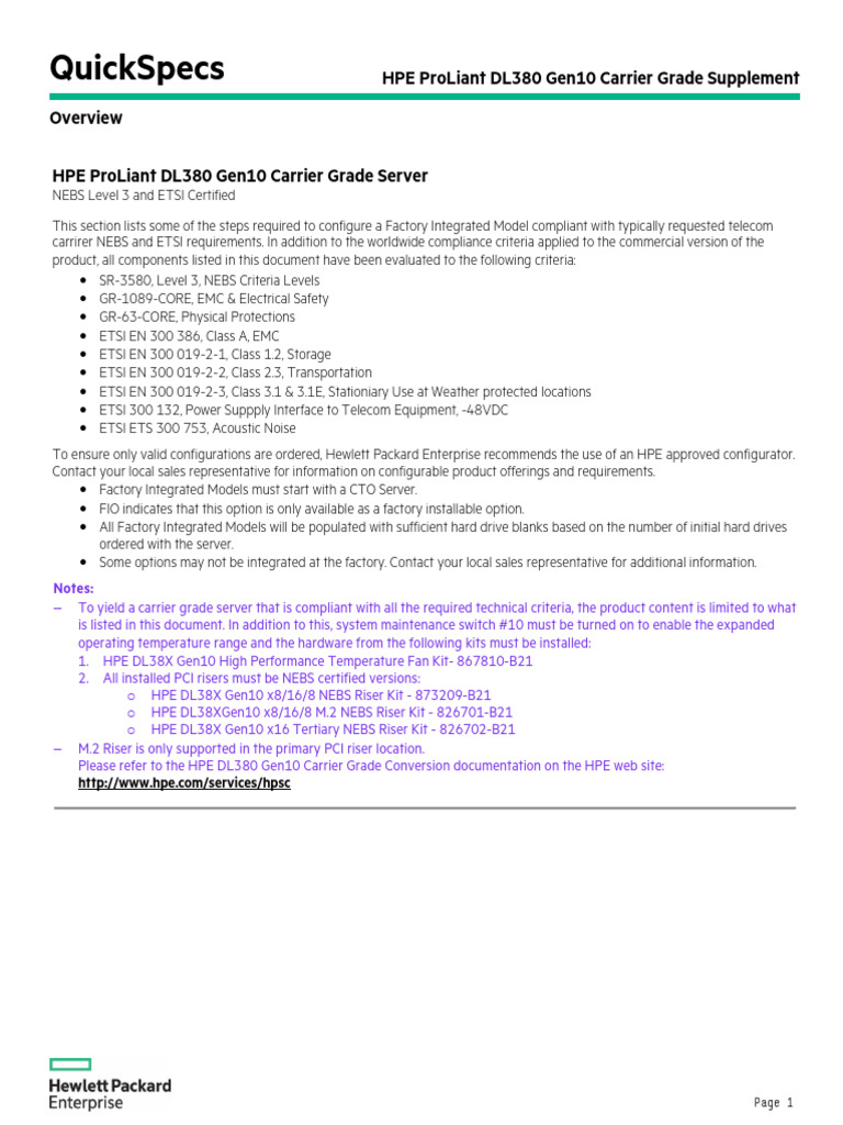 HPE ProLiant DL380 Gen10 Carrier Grade Server-A00044861enw | PDF ...