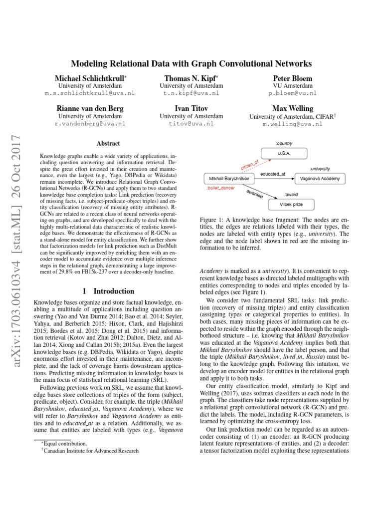 1 - Modeling Relational Data With Graph Convolutional Networks | PDF | Artificial Neural Network ...