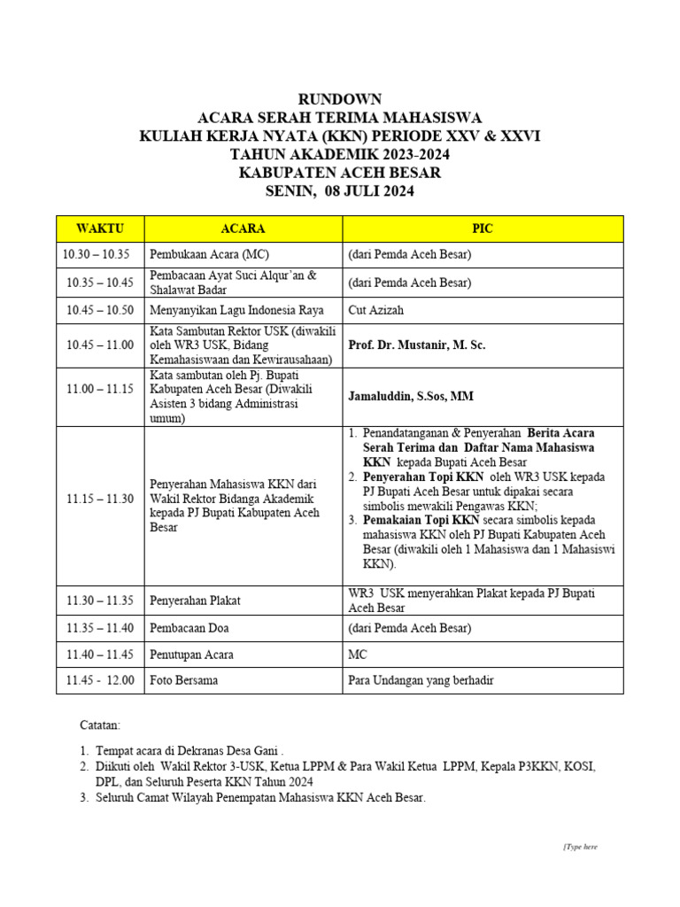 Rundown Serah Terima Mhs KKN THN 2024 | PDF