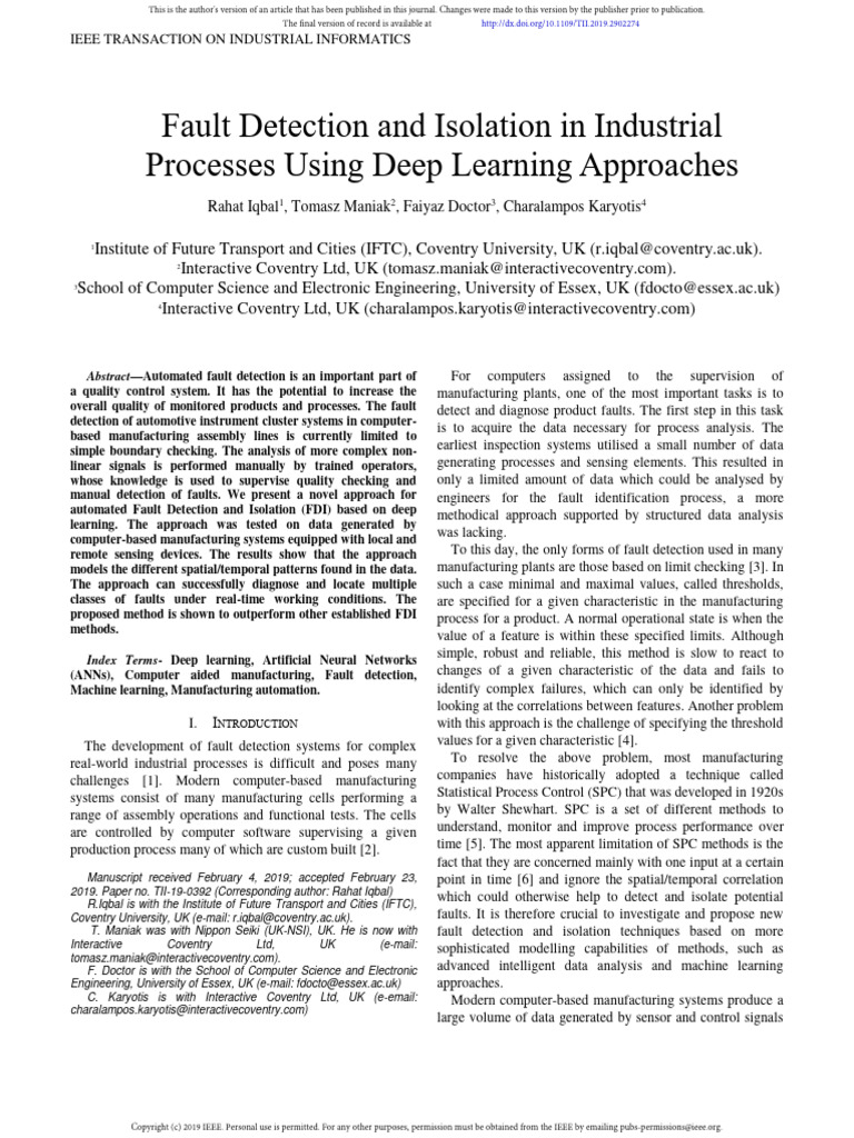 IEEE TII Fault-Detection-Isolation-Paper - Fdocto | PDF | System | Machine Learning