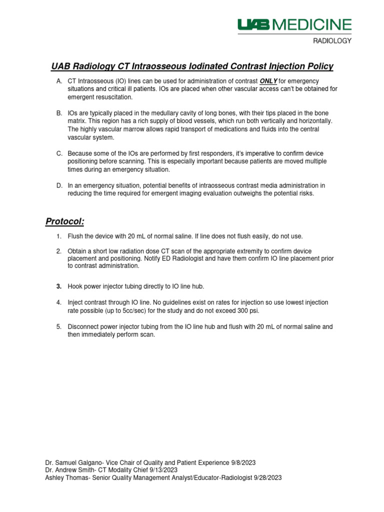 CT Intraosseous Iodinated Contrast Injection Guideline | PDF | Science ...