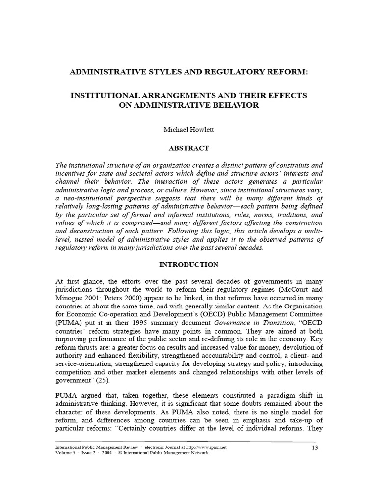 Administrative Styles and Regulatory Reform: Institutional Arrangements ...
