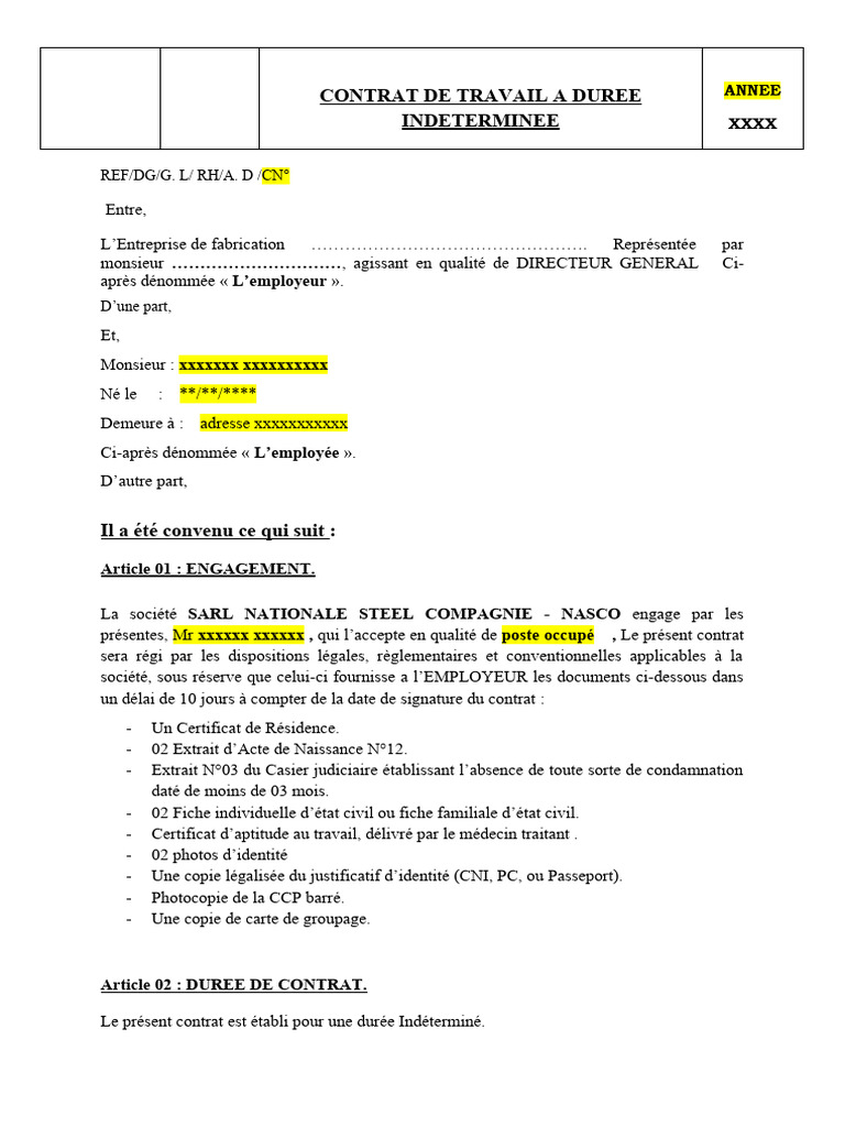 Contrat de Travail Indéterminé | PDF | Heures supplémentaires | Travail