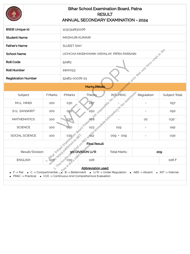 Secondary Annual Result 2024 | PDF