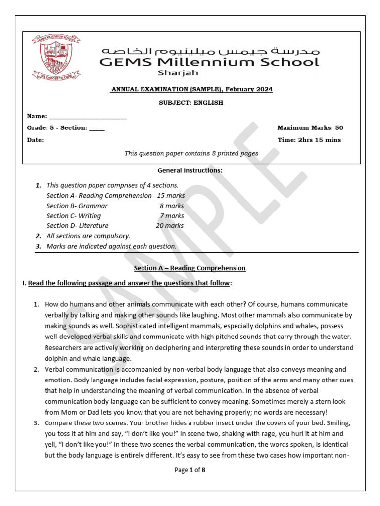 English-Grade 5 - Sample Annual Examination Paper 2024 | PDF | Body Language | Sleep