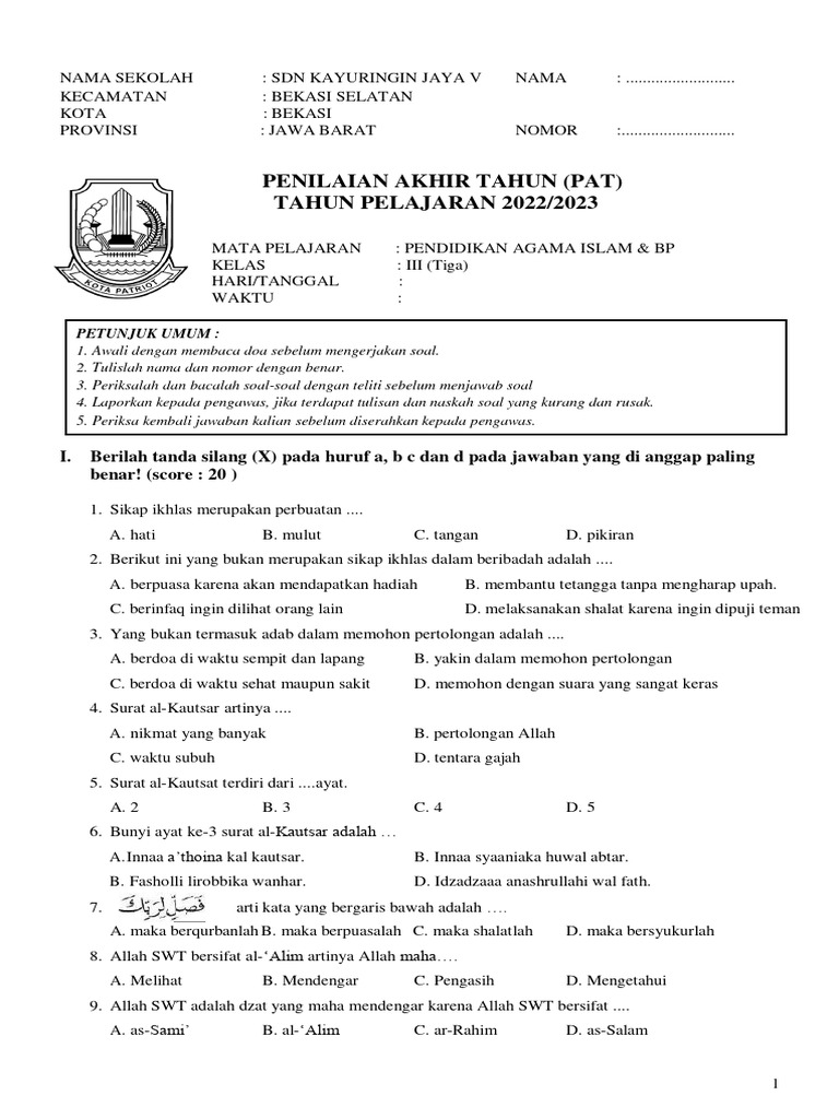 Soal Pat Pai & BP Kelas 3 | PDF