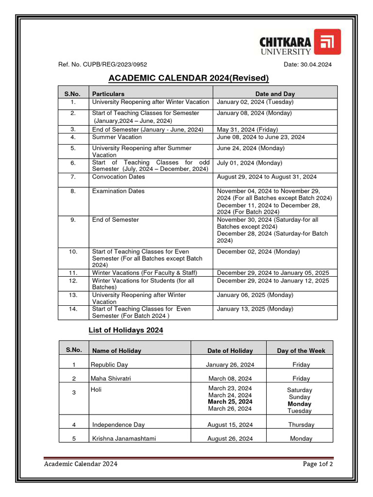 Academic Calendar 2024 - Revised | PDF | Academic Term | Observances