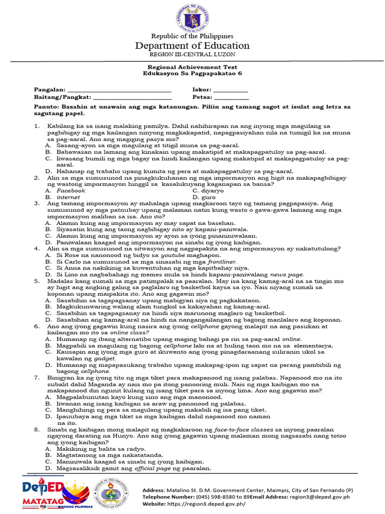 Regional Achievement Test in EsP 6 | PDF