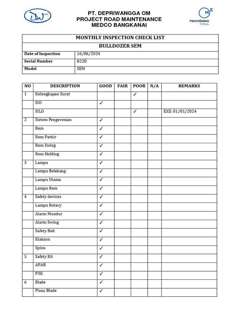 Form Inspeksi Bulanan - Bulldozer 05 | PDF | Engines | Machines