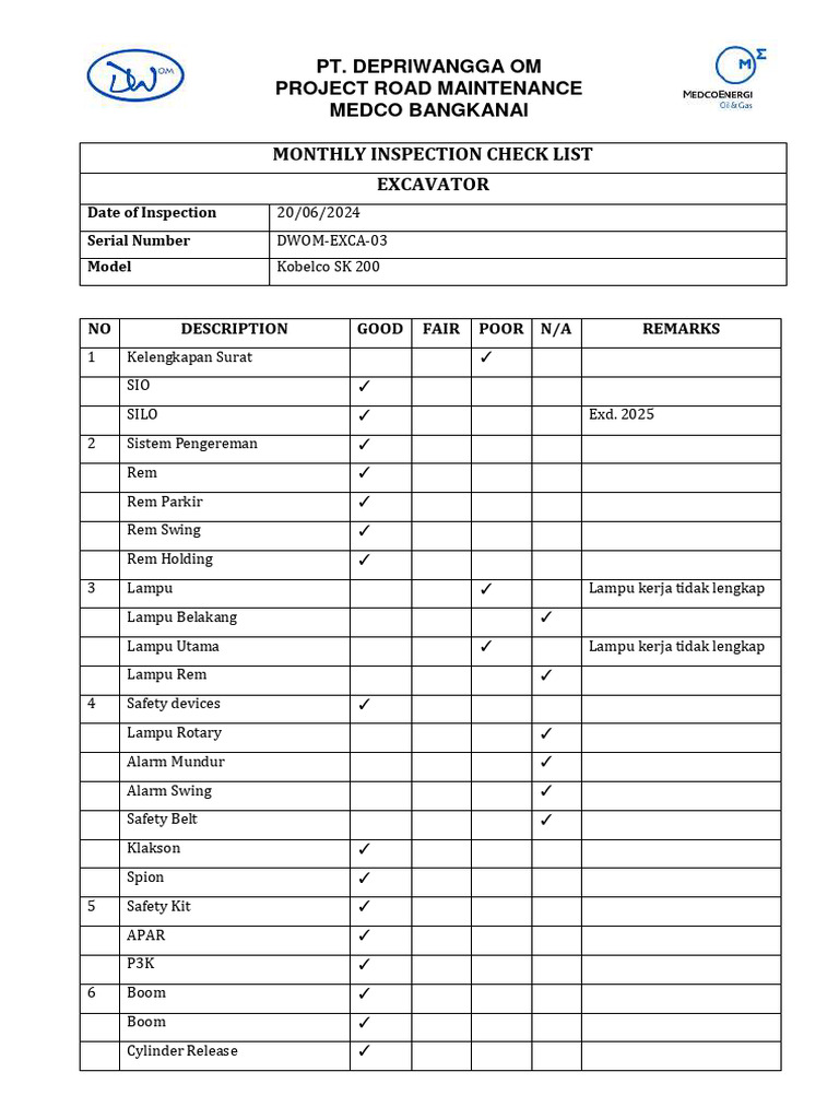 Form Inspeksi Bulanan - Excavator 1 | PDF | Mechanical Engineering | Manufactured Goods