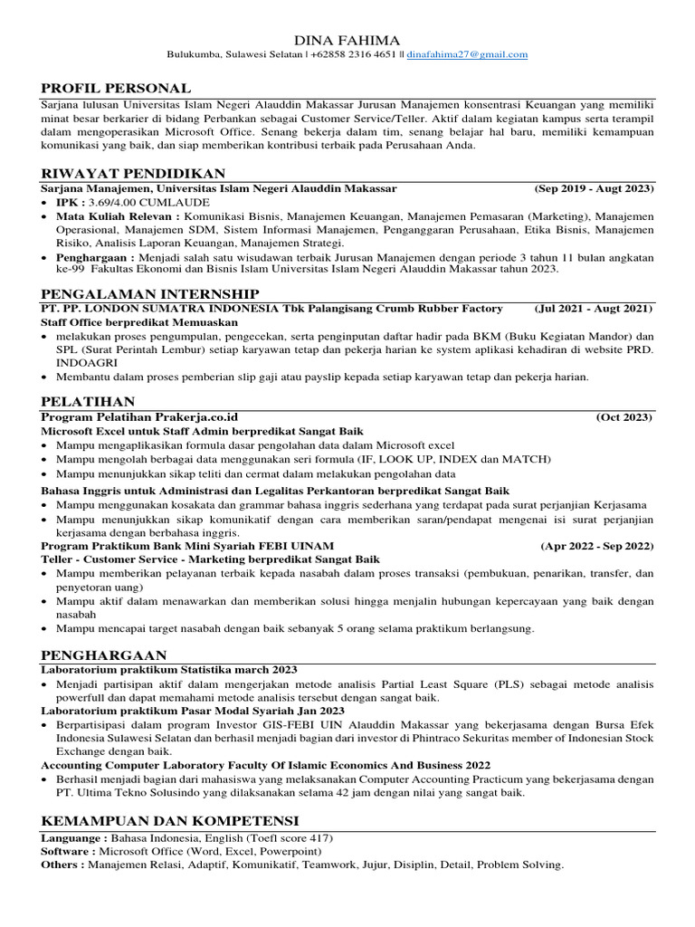 CV Dina Fahima | PDF | Bisnis