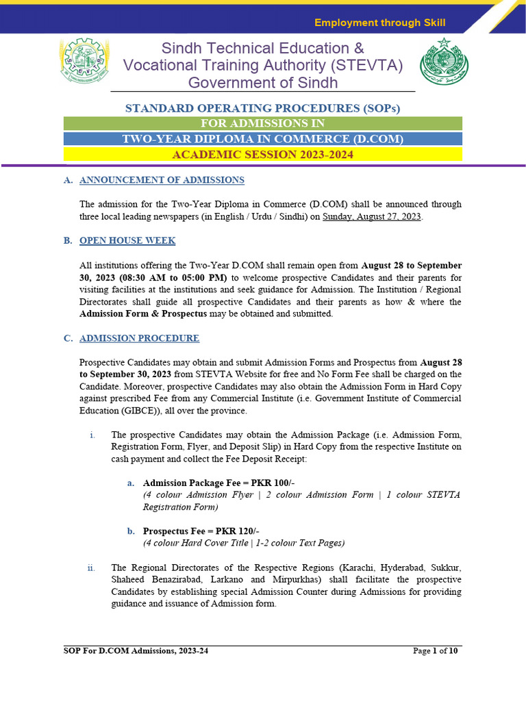 STEVTA SOP For 2 Year Diploma in Commerce (DCOM) 2023-24 | PDF ...