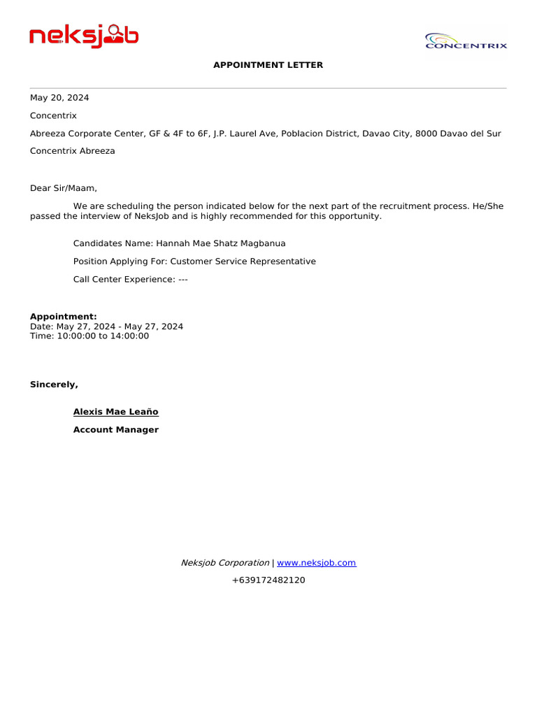 Concentrix Abreeza Endorsement Letter | PDF