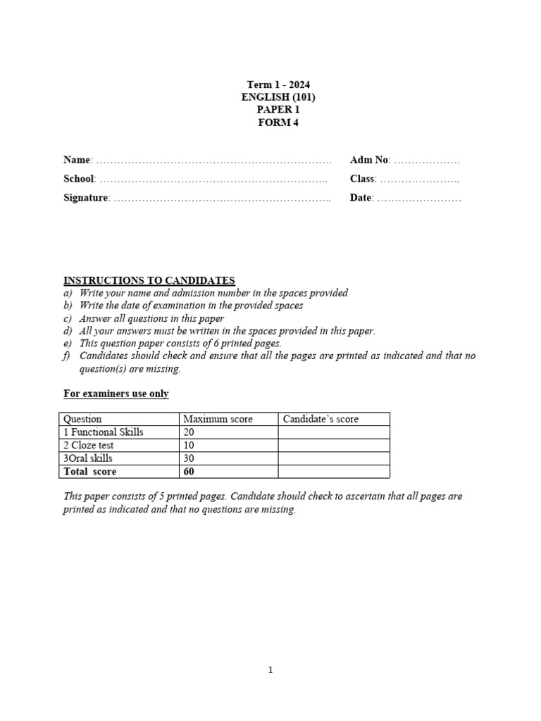 Form 4 English Paper 1 Exam 2024 | PDF | Stress (Linguistics) | Oral ...