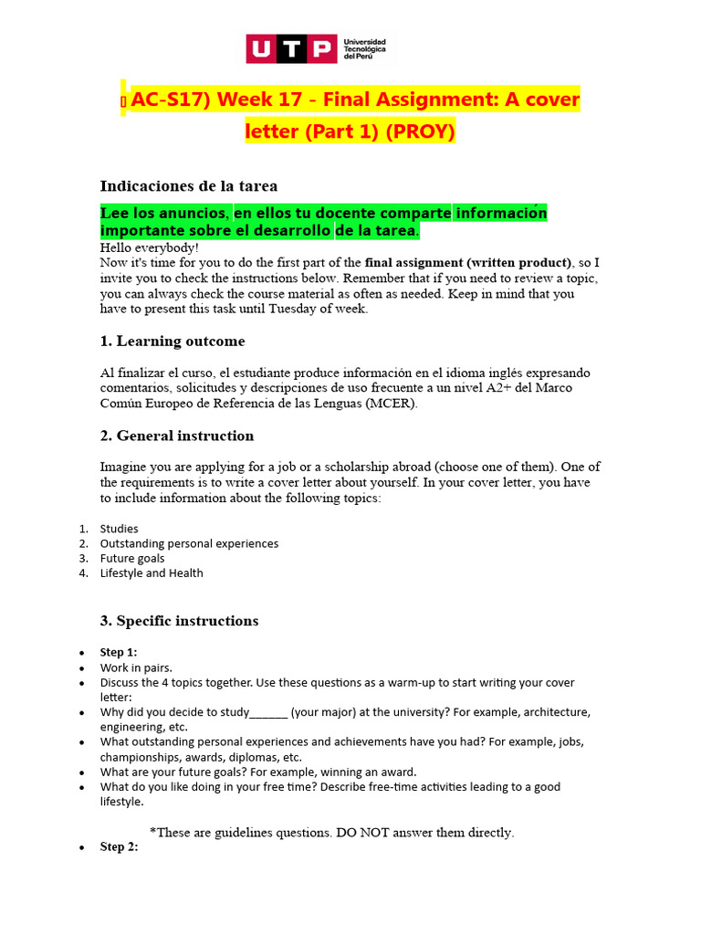? AC-S17) Week 17 - Final Assignment A Cover Letter (Part 1) (PROY) | PDF | English Language ...