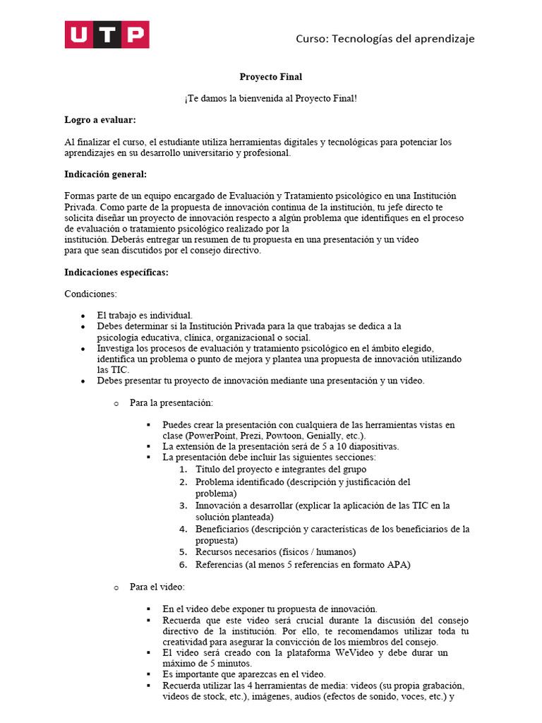 ? (AC-S18) Semana 18 - Tema 01 - Tarea - Proyecto Final (Terminado y Revisado) | PDF | Sicología ...