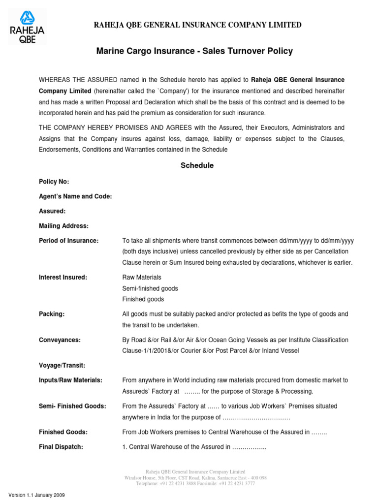 Marine Cargo Sales Turnover Policy | PDF | Insurance | Cargo