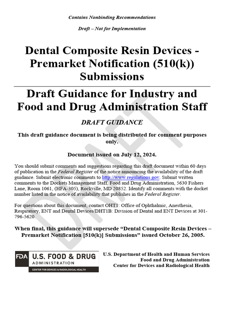Dental Composite Resin 510(k) Guidance | PDF | Federal Food | Food And ...