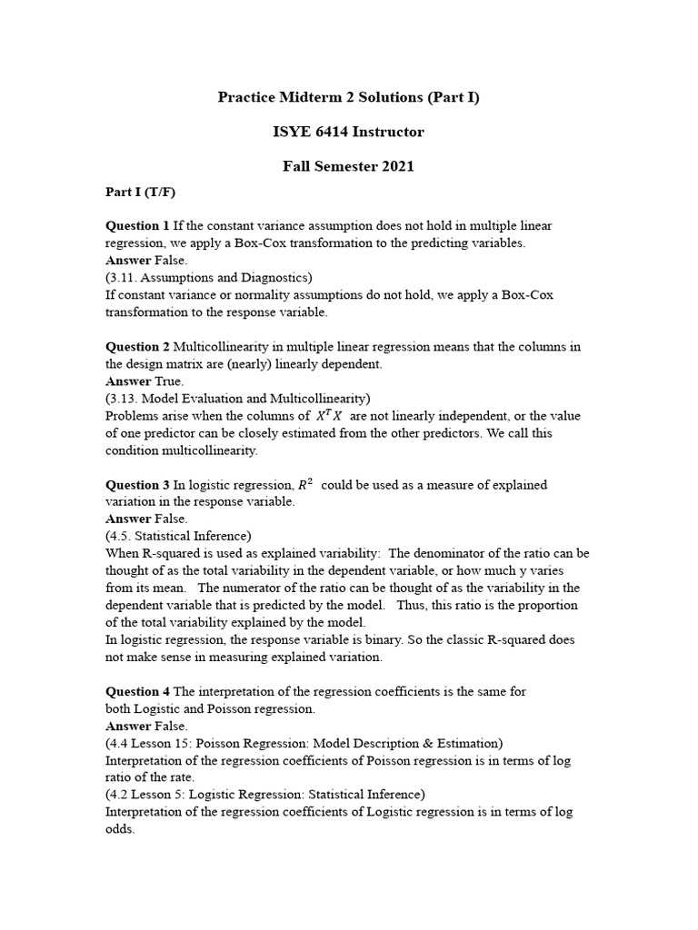 ISYE 6414 Midterm 2 Solutions Overview | PDF | Regression Analysis | Logistic Regression