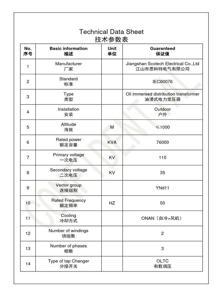 Technical Data Sheet | PDF | Transformer | Electrical Equipment