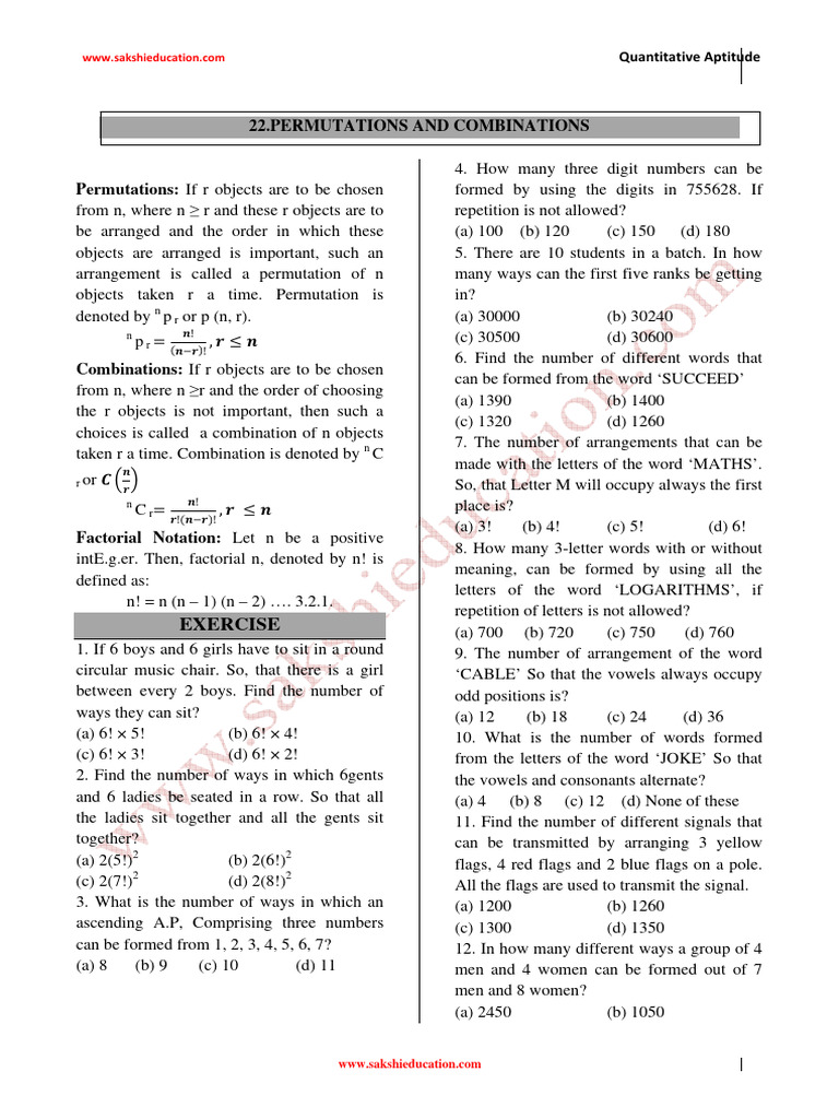 SSC SSC - CGL - Maths 22 Permutations Combinations | PDF | Permutation | Combinatorics