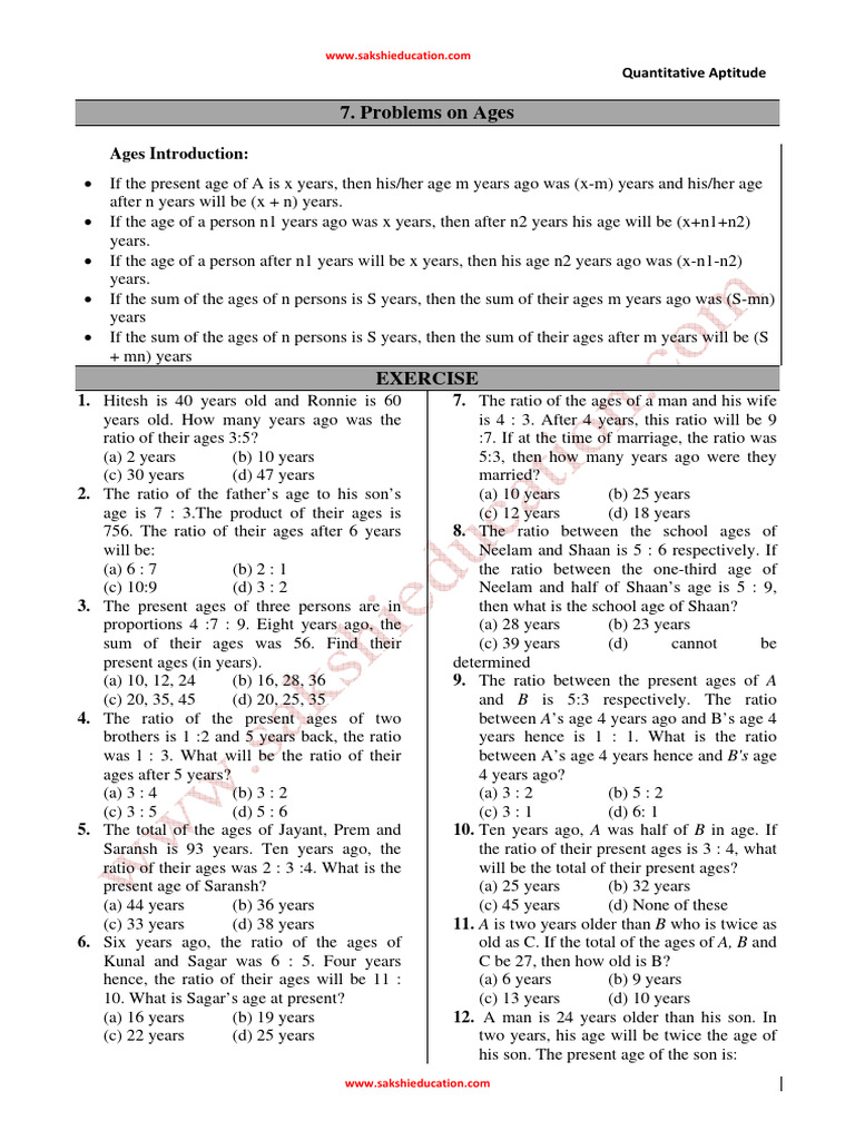 SSC SSC CGL Maths 7 Problems On Ages | PDF | Division (Mathematics)