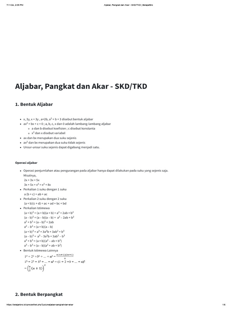 Aljabar, Pangkat Dan Akar - SKD_TKD _ BelajarBro | PDF