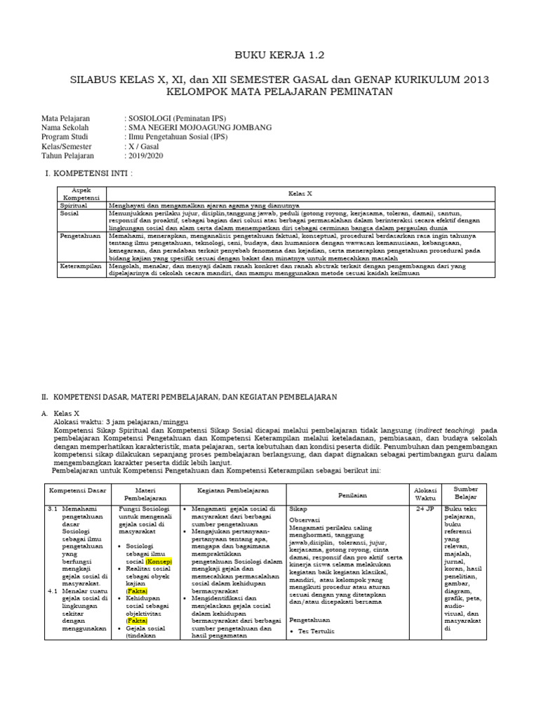 Silabus Sosiologi Kelas X SMA 2019 | PDF | Ilmu Sosial | Pengembangan Diri