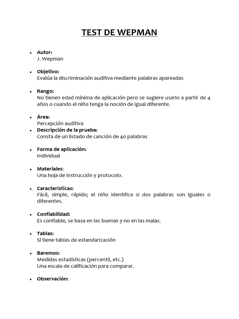 Test de Wepman-Combinacion Auditiva | PDF