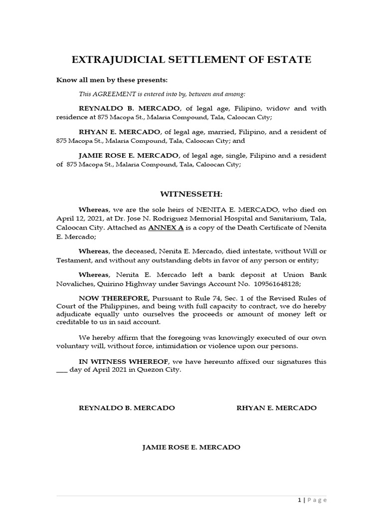 Extrajudicial Settlement Agreement | PDF | Identity Document | Justice